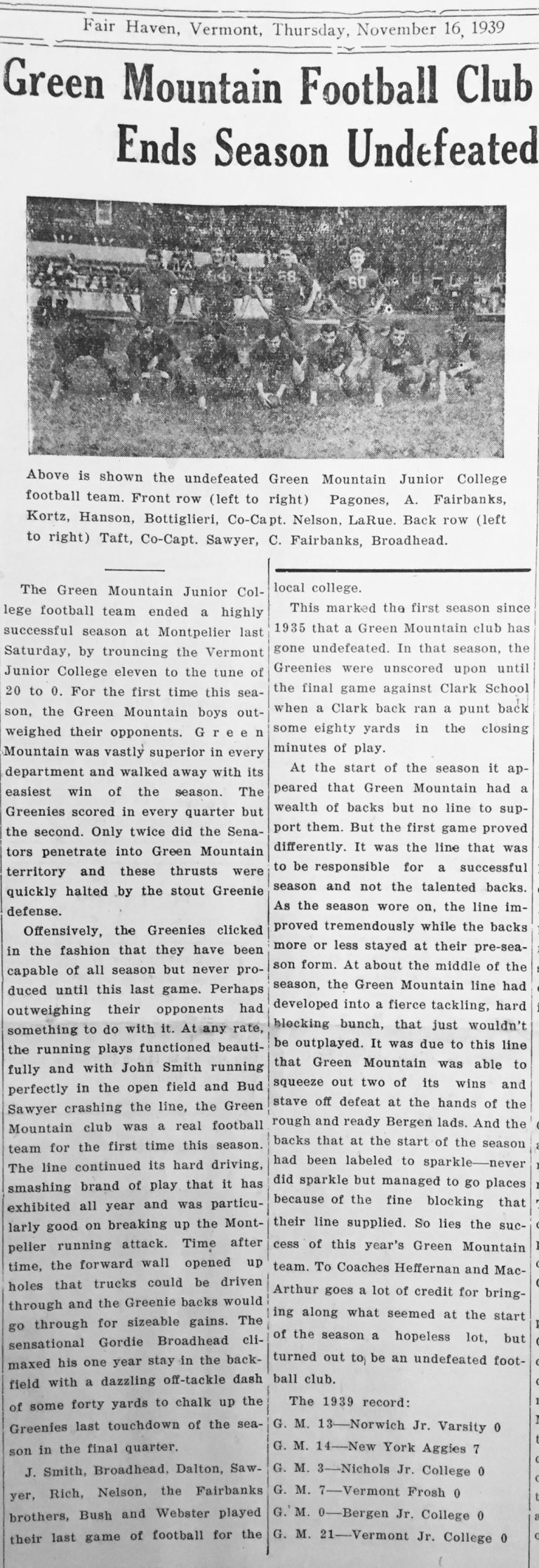 1939 - Green Mountain Junior College Football Team Undefeated ...